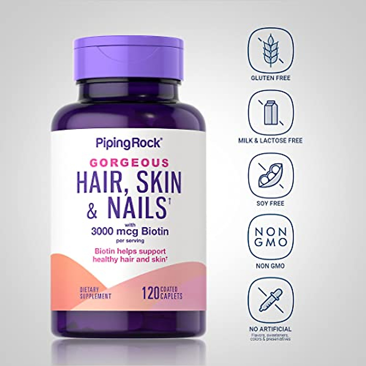 Piping Rock Hair Skin and Nails Vitamins | 120 Caplet Pills | 3000 mcg of Biotin | with Collagen | Multivitamin | Non-GMO, Gluten Free Supplement