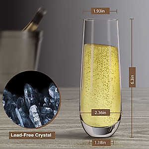 Yaschmo Stemless Champagne Flutes Set of 4，Hand Blown Crystal Glasses, 10.2oz Champagne Glasses, Prosecco Wine Flute, Cocktail Glasses, Mimosa glasses, Highball Glass, Water Glasses, Bar Glassware