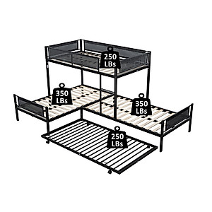 L-Shape Triple Bunk Bed with Trundle, Metal 3 Bed Bunk Beds with for Kids, Twin Size Corner Bunk Bed Frame with Wood Slats Support for 4 Teens, Textilene Guardrails, Black