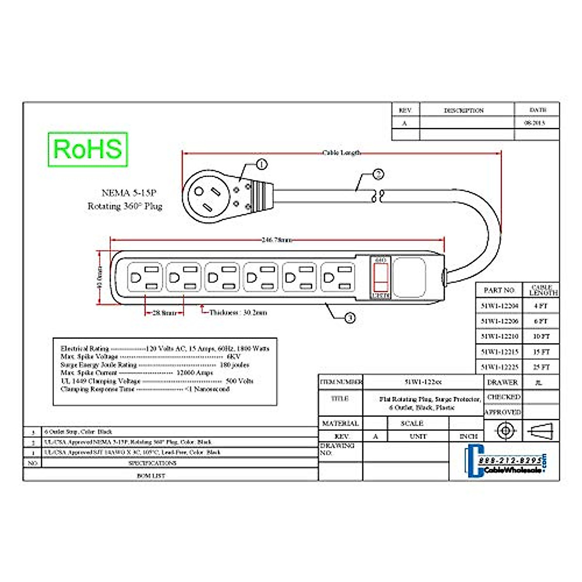 25 feet Surge Protector, Flat Rotating Plug, 6 Outlet, Black Horizontal Outlets, Plastic, 25ft Power Cord, Surge Protector Multi Plug, CableWholesale