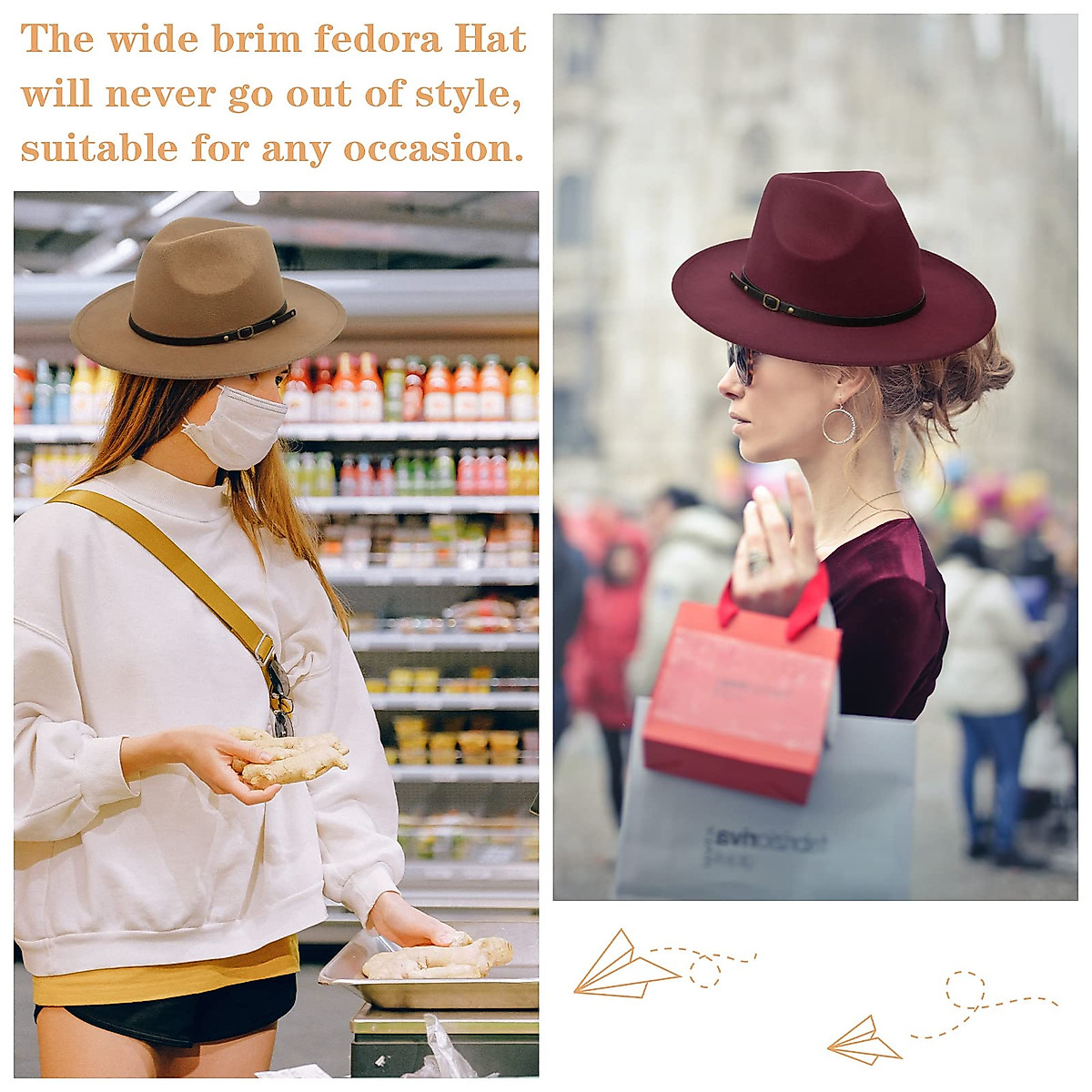 Women Classic Wide Brim Fedora Hat, 4 Pack Retro Panama Hat Wool Fedora Hat with Belt Buckle (Black+Army Green+Camel+Wine Red)