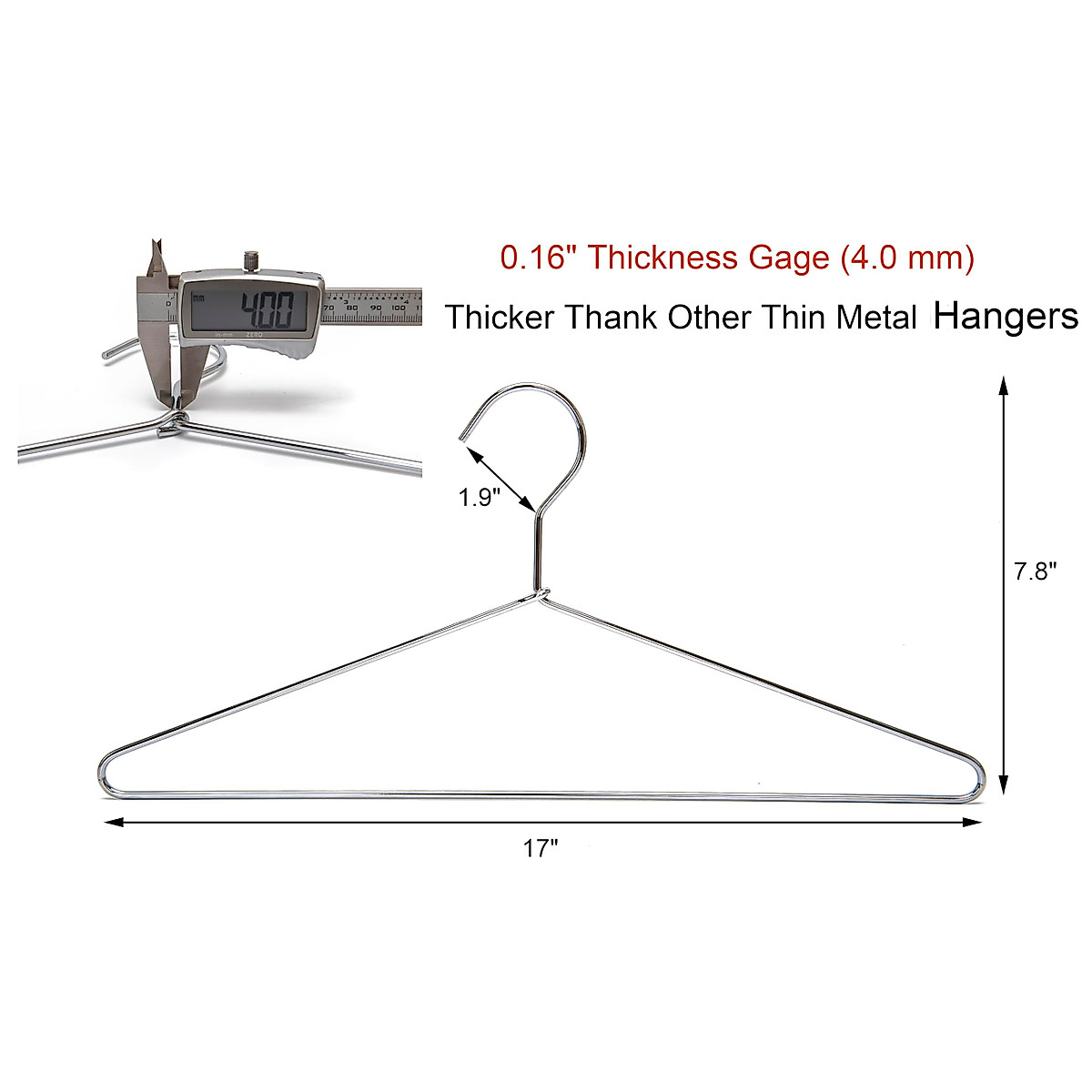 Solid Heavy Duty Metal Shirt Coat Hangers, Stainless Steel Clothes Hanger with Polished Chrome, Space Saving Clothing Hanger 17 Inch Silver Metal Wire Hanger 20 Pack HL06C