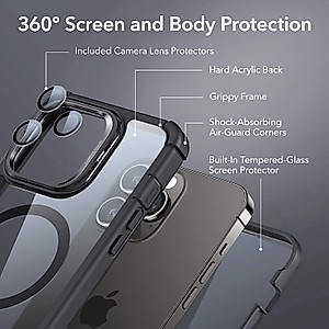 ESR for iPhone 14 Pro Case with Stand, Compatible with MagSafe, Full-Body Military-Grade Drop Proof Case with Built-in 9H+ Tempered Glass Screen Protector, Armor Series, Clear Black