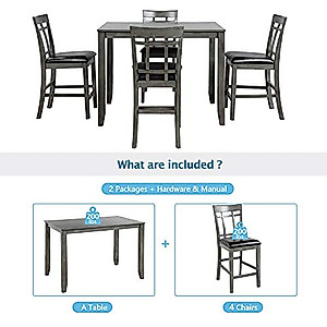 CKLMMC 5 Piece Vintage Dining Table Set, Wood Rectangular Counter Height Bar Table with 4 Leather Upholstered Chairs,Kitchen Furniture Set for Dining Room, Pub and Bistro