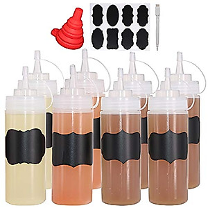 Belinlen 8 Pack 12 oz Plastic Squeeze Squirt Condiment Bottles with Twist On Cap Lids - Perfect for Condiments, Oil, Icing, Liquids–Set of 8 with extra 1 Silicone Funnel, 8 Chalk Labels and 1 Pen