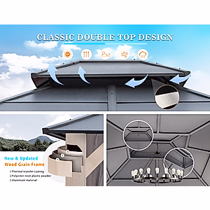 Hofzelt 10' x 12' Hardtop Gazebo, Heavy-Duty Aluminum Frame with Iron Roof, Featuring White Wood Grain Heat Transfer Pillars, Inclusive of Mosquito Netting and Privacy Sidewalls