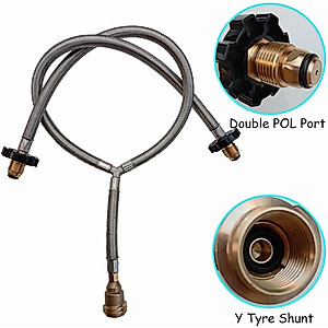 Upgraded Stainless Braided Y-Splitter Dual Propane Tank Connection Hose Kit,Two Way POL & QCC1 Regulator Exit Adapter to Connect 5-100lbs Cylinder Tank for Heater Grill BBQ and Other Propane Equipment