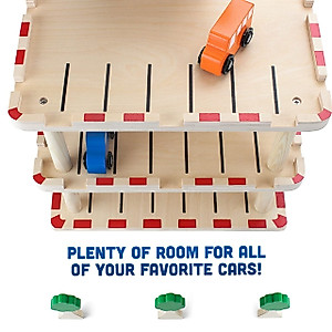 Imagination Generation Downtown Deluxe Wooden Parking Garage Ramp & Service Station Playset with Elevator, Signs & Accessories for Mini Toy Cars (19 pcs)