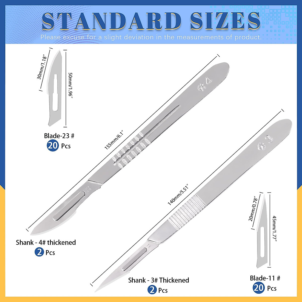 Glarks 44Pcs Surgical Grade Blade with Handle Kit, 40Pcs #11#23 Disposable Surgical Blade Sterile Scalpel Blade with 4Pcs #3#4 Scalpel Knife Handle Set for Biology Lab Anatomy, Practicing Cutting