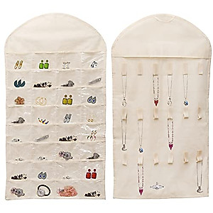Foraineam 4 Pcs Hanging Jewelry Organizer, 32 Pockets 18 Hook and Loops Double Sided Jewelry Display Storage Bag, Travel Jewelry Organizer Holder for Necklace Bracelet Earring Ring Chain Knitting Tool