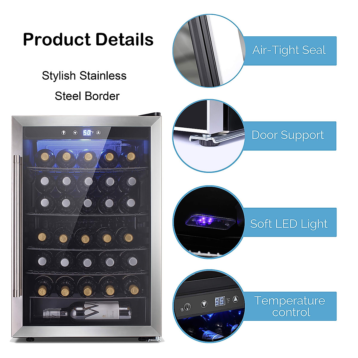 Antarctic Star 36 Bottle Wine Cooler/Cabinet Beverage Refigerator Small Wine Cellar Soda Beer Counter Top Bar Fridge Quiet Operation Compressor Digital Freestanding Door Black Glass