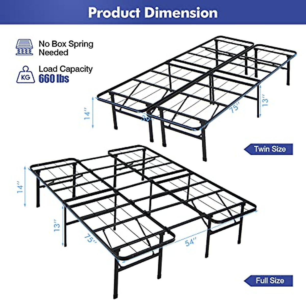 Giantex Folding Bed Frame, Twin/Full Size Portable Bed Base for Kids, Teens & Adults, Tool-Free Assembly, No Box Spring Needed, 660 LBS Capacity, Steel Platform Bed