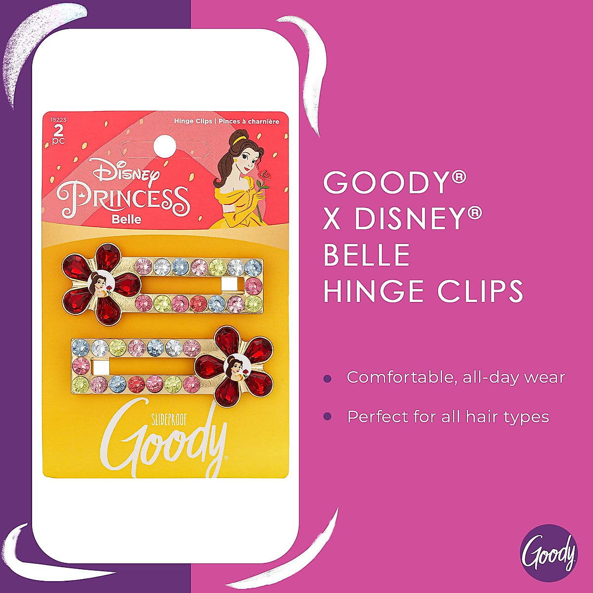 GOODY Hinge Jewel Clip - Disney Princess, Belle - Slideproof Rhinestone Hair Accessories for Men, Women, Boys & Girls - Style With Ease & Keep Your Hair Secured - All Hair Types