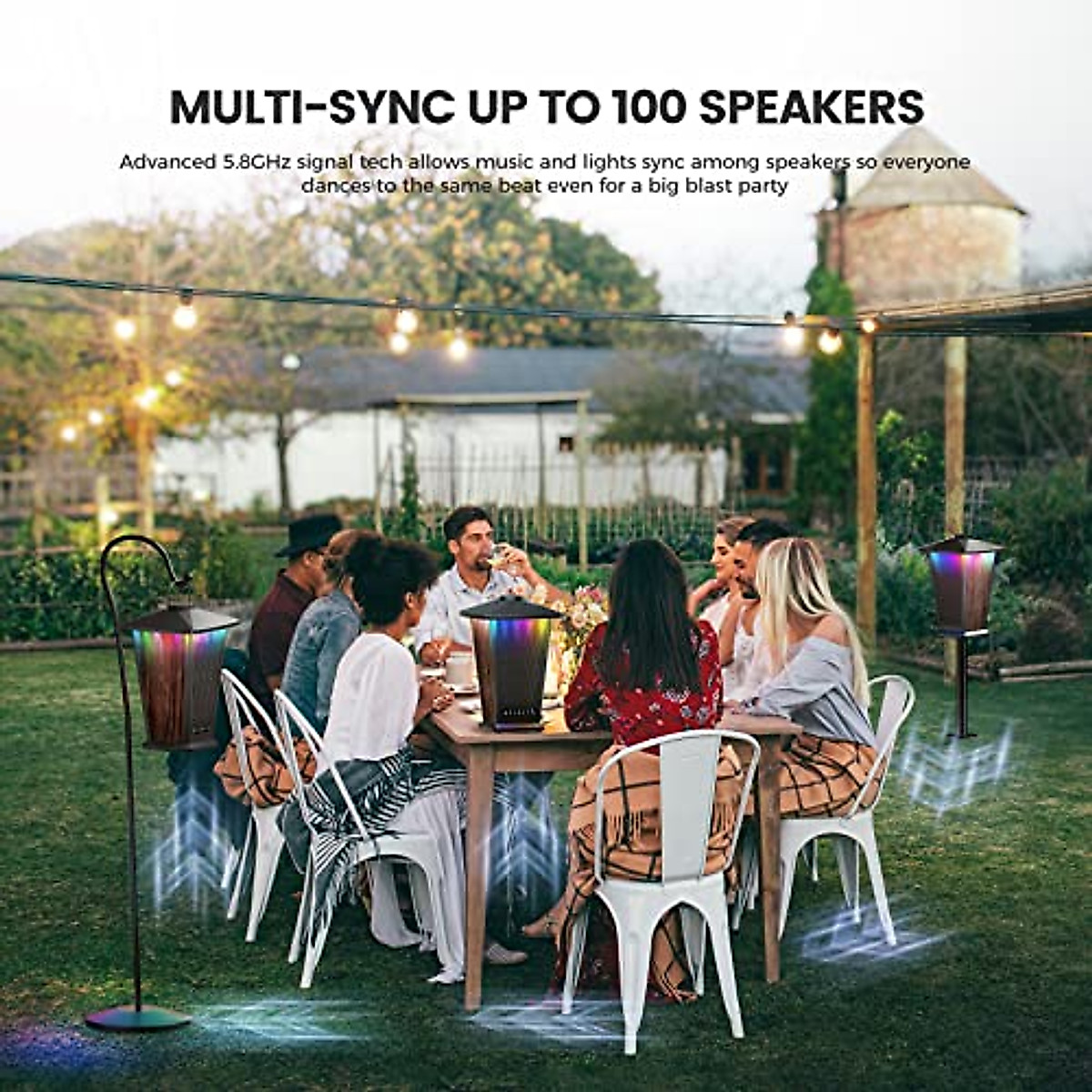 80W Outdoor Bluetooth Speaker Waterproof, True Wireless Stereo Sound with Punchy Bass, Multi-Connect up to 100 Speakers, 4 Adjustable Modes Beat-Driven Lights, Party/Patio/Pool Side/Beach, 2 Pack