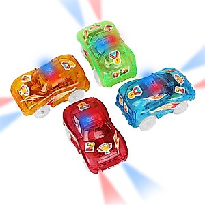 4 Pack Track Cars Magic Toy Car Glow in The Dark Cute Race Cars Replacement Track Accessories Car with 5 Flashing LED Lights Compatible with Most Tracks Set as for Kids Boys and Girls