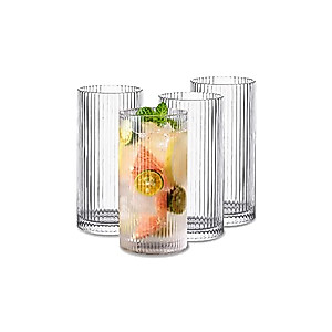 INSETLAN Glass Cups Vintage Glassware Set of 4 Large, Origami Style Transparent Cocktail Glasses Set, Bar Beverages Ice Coffee Cup Juice Ripple Drinkware, 450ml (L)
