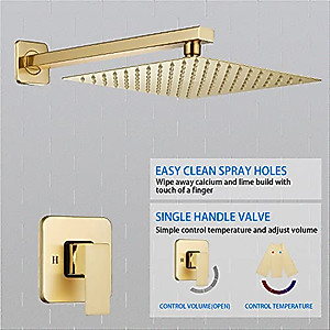 Brushed Gold Shower Faucet GGStudy Single Function Shower Trim Kit with Rough-in Valve Shower Set Bath Rainfall Shower Faucet System 10 inch Square Stainless Steel Metal Shower Head