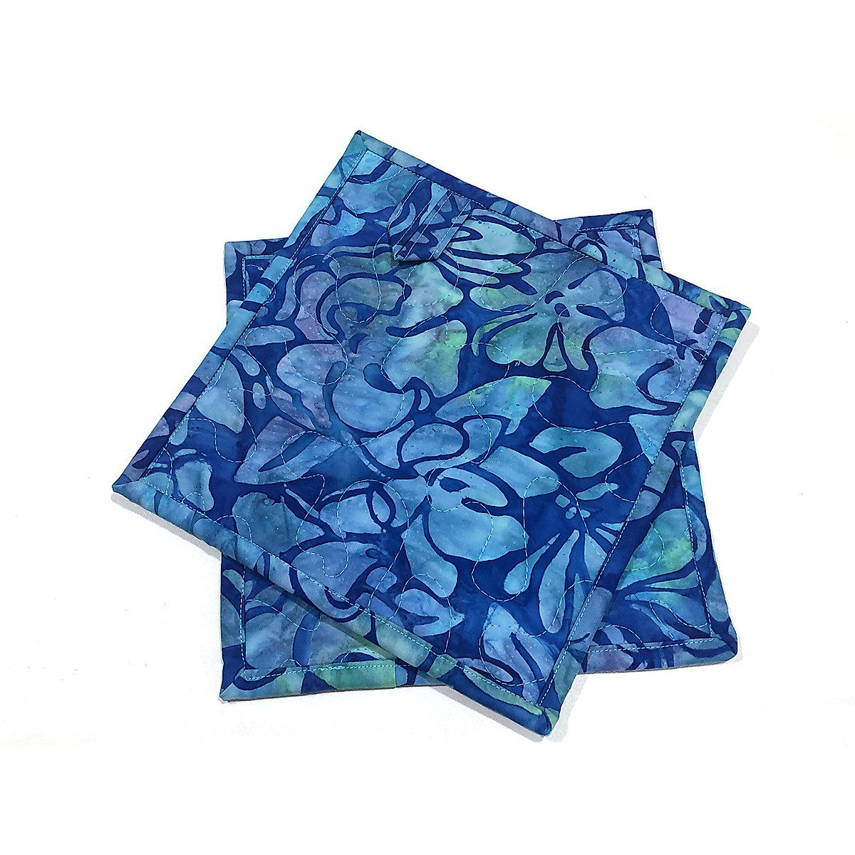 Batik Quilted Fabric Pot Holders with Blue Floral Print