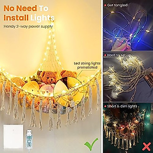 Stuffed Animal Hammock with LED Lights, 11.8Ft 75LEDs Preinstalled Toy Storage Macrame Hammock, Hanging Toy Nets for Kids Bedroom Nursery Doll Room Corner Organizer Hammock with Remote 8 Modes-White