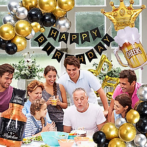 Black and Gold Birthday Party Decorations for Men, Happy Birthday Balloons for Him with Banner, Foil Balloons, Fringe Curtains, Crown, Beer Balloons for 18th 30th 40th 50th 60th 70th