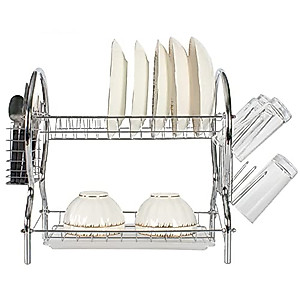 2 Layer 38cm Dish Drainerd Dual Layer Dish Drying Rack Kitchen Collection Shelf Drainer Organizer Over The Sink Mesh Colander Crate and Barrel (Silver, One Size)