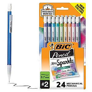 BIC Xtra-Sparkle Number 2 Mechanical Pencils With Erasers, Medium Point (0.7mm), 24-Count Pack, Cute Mechanical Pencils For Girls, Boys and Adults (MPLP241-BLK)