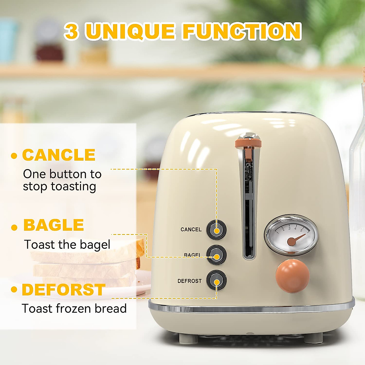 Toaster 2 slice, KitchMix Retro Stainless Steel Toaster with 6 Settings, 1.5 In Extra Wide Slots, Bagel/Defrost/Cancel Function, Removable Crumb Tray (Cream)