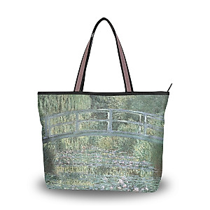WIHVE Tote Bag Japanese Bridge Water-Lily Pond Monet Shoulder Handbag Travel Beach Bag