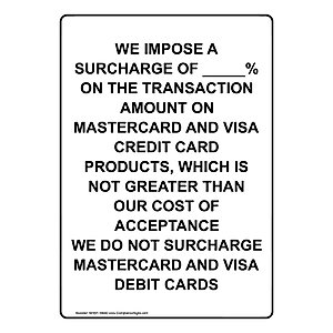 ComplianceSigns.com Vertical We Impose A Surcharge of_% On Label Decal, 5x3.5 in. 4-Pack Vinyl for Dining/Hospitality/Retail