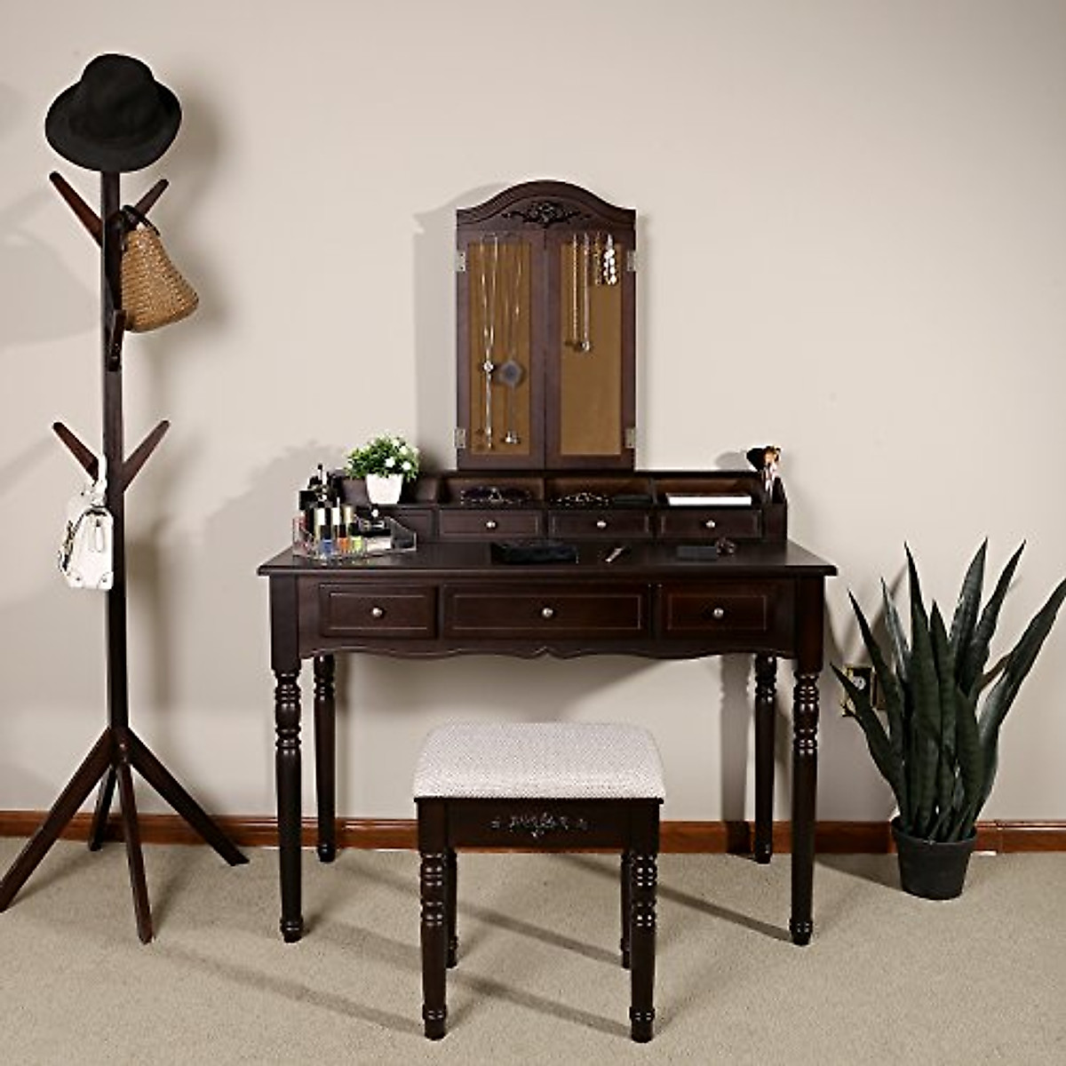 VASAGLE Vanity Makeup Set with 7 Drawers, 2 Brush Slots and 4 Open Compartments, Tri-Folding Mirror, Dark Espresso