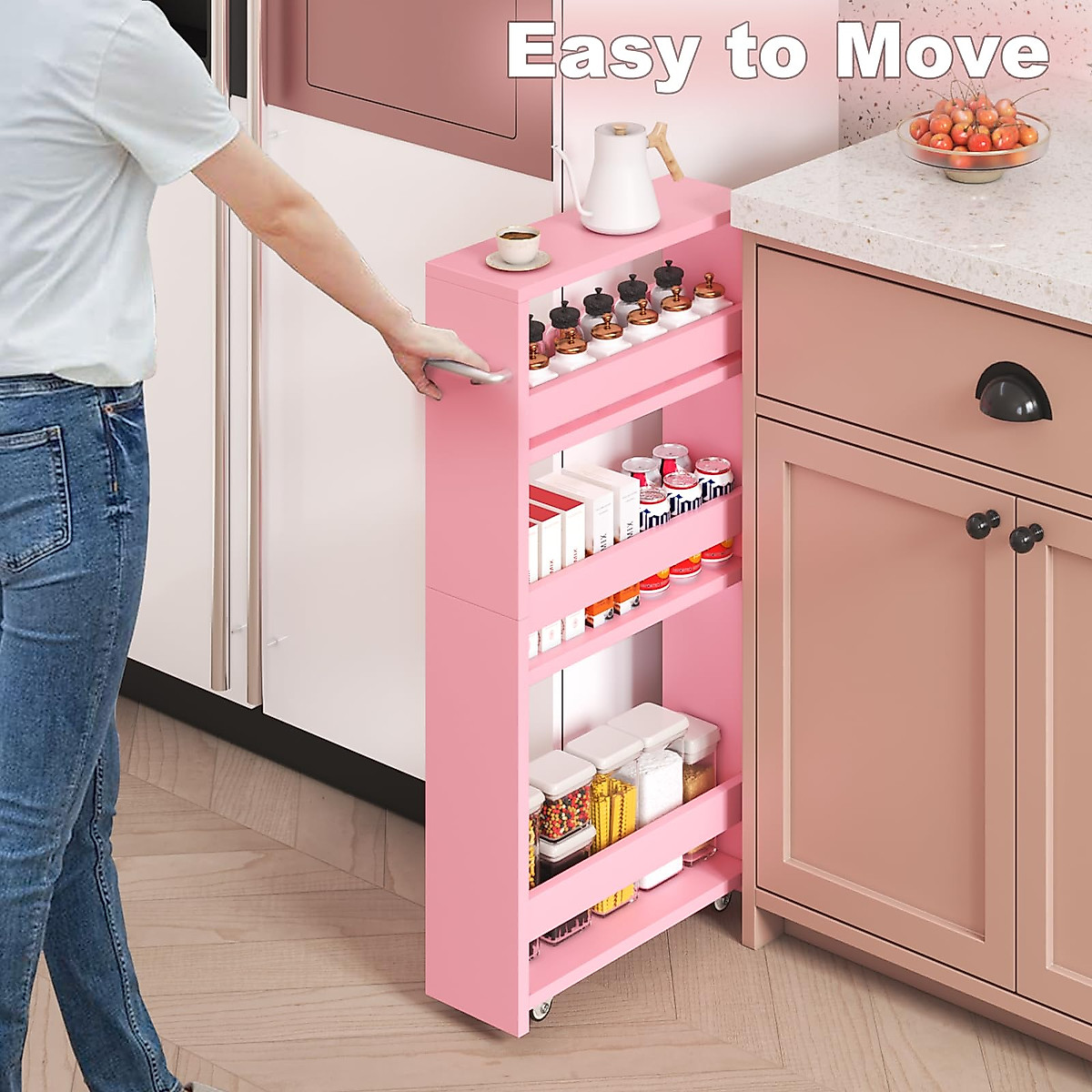 MARTY Pink Slim Storage Cart, 4-Tier Rolling Bookshelf Kitchen Cart with Wheels, Laundry Room Organization with Handle Slide Out Utility Cart Shelving Unit Trolley for Narrow Places