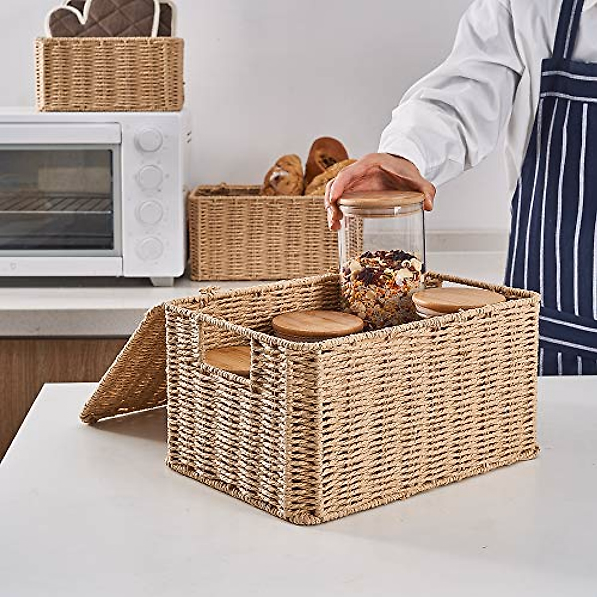 Motifeur Hand-woven Paper Rope Baskets With Lids, Multi-purpose Stackable Utility Organizers (Set of 3, Large 12.6"x9.8"x7.3", Medium 11.8"x7.9"x6.3", Small 9.8"x5.9"x5.5", Natural/Beige)