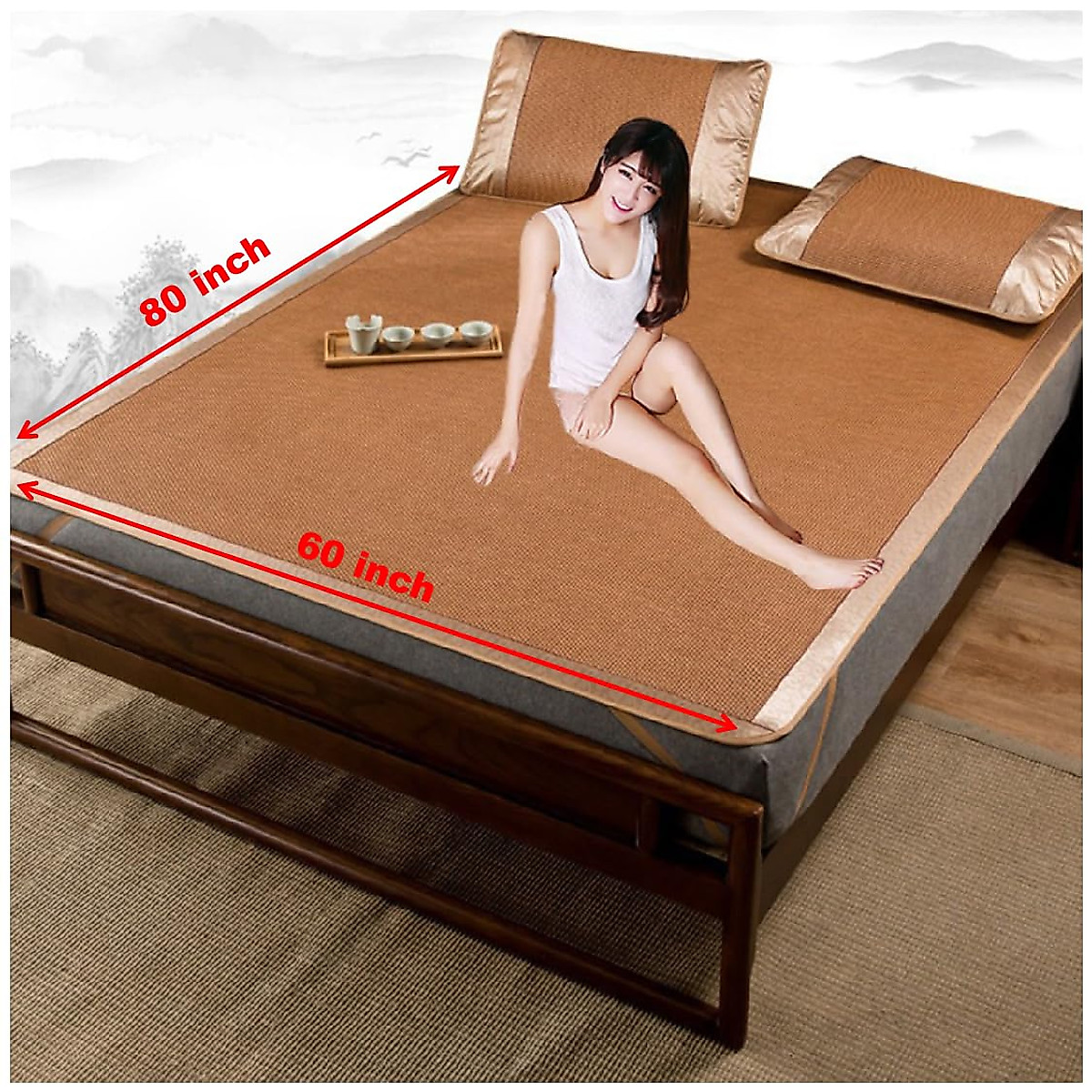 Foldabl Summer Mattress, Double-Sided Home Quick Cooling Textile Rattan Mat Soft Latex on The Back Summer Bed Cover (King)