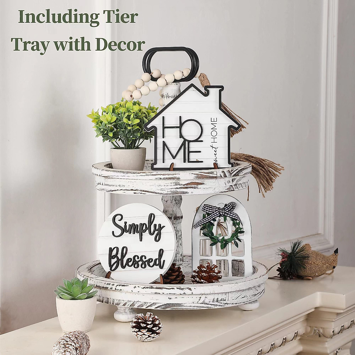 Houmury Set of 9 Farmhouse Tiered Tray with Tier Tray Decor 1 Artificial Succulent Plant & 1 Artificial Plant for Rustic Home Sweet Home Kitchen Decor Tier Tray Decor Set (Set of 9-with Tiered Tray)