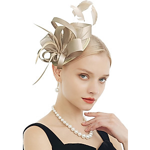 Fascinator Hats For Women Feather Cocktail Party Hats Bridal Kentucky Derby Headband (Light Khaki)