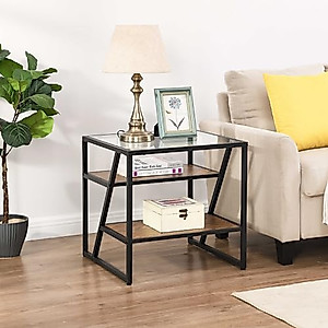 Black Side Table End with Storage Shelf Tempered Glass Coffee Metal Frame for Living Room Modern Contemporary Rectangular MDF Includes Hardware
