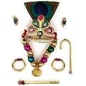 Brass Krishna Laddu Gopal Kanha Makhan Chor Statue Idol Murti Sculpture Ji Idol size no. 3 with Set of Mukut, Mala, Bansuri, Kangan, Hair and ear rings, 1 Dress Velvet(3 No.)