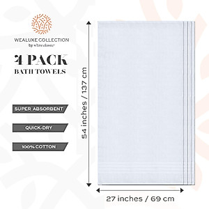 Wealuxe White Bath Towels 27x54 Inch, Cotton Towel Set for Bathroom, Hotel, Gym, Spa, Soft Extra Absorbent Quick Dry 4 Pack