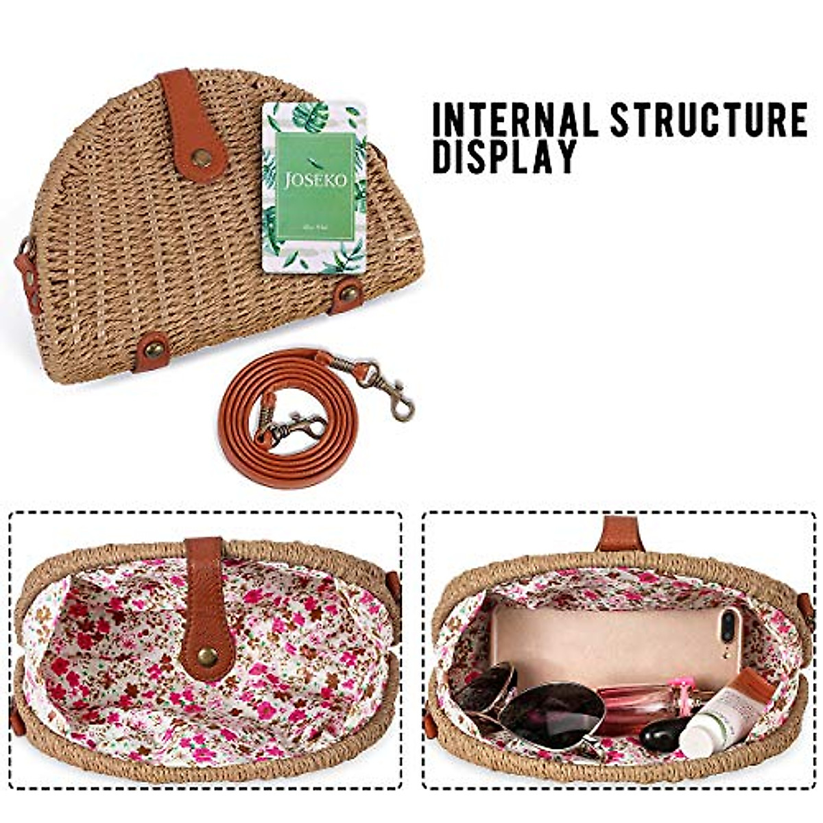 JOSEKO Crossbody Straw Bag, Womens Straw Handbag Shoulder Bag for Beach Travel and Everyday Use (7.87" L x 2.36" W x 5.51" H, Light Brown-A)