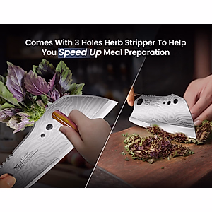 Multifunction Chinese Chef Knife, 7.7 Inch Meat Cleaver With Herb Stripper And Sheath, Butcher Knife Heavy Duty Bone Chopper, Slicing Vegetables, Damascus Pattern Full Tang Wood Handle Design