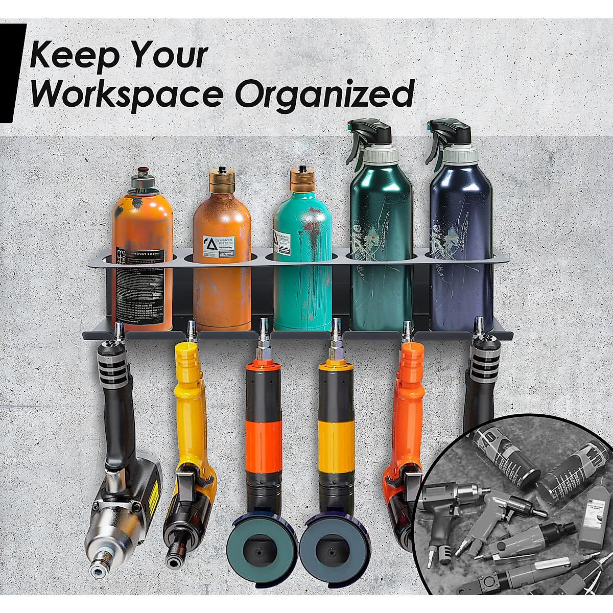 lesolar 2 Pack Air Tool Pneumatic Rack Spray Can Holder Combo, Spray Bottle Paint Can Holder Organizer Wall Mount, Spray Aerosol Can Holder Rack, Air Tool Organizer for Industrial Size Air Fittings