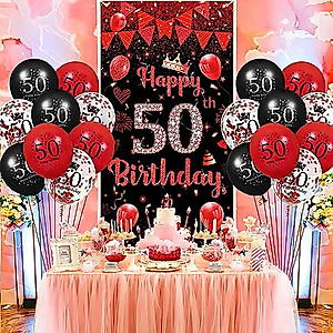 Red 50th Birthday Party Decorations for Women Men Red Black Balloons Banner Supplies Happy 50th Birthday Banner and 18pcs 50th Birthday Balloons Set for 50 Years Old Birthday Anniversary Party Decor