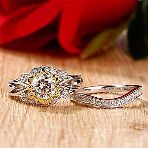 Jeulia 2 Carat Flower Engagement Ring Set for Women 14K Gold Plated Wedding Band Round Cut Cubic Zirconia Rings CZ Solitaire Engagement Rings (5)