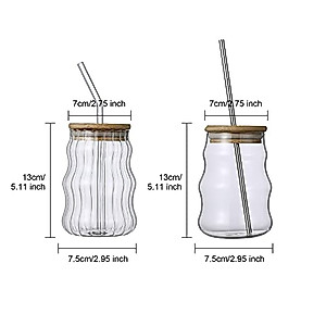 KWQBHW 2 Pack Drinking Glasses with Bamboo Lids and Glass Straw 17oz Creative Ripple Bobo Cup New Glass Tumbler Cups for Iced Coffee Soda Beer Juice Tea