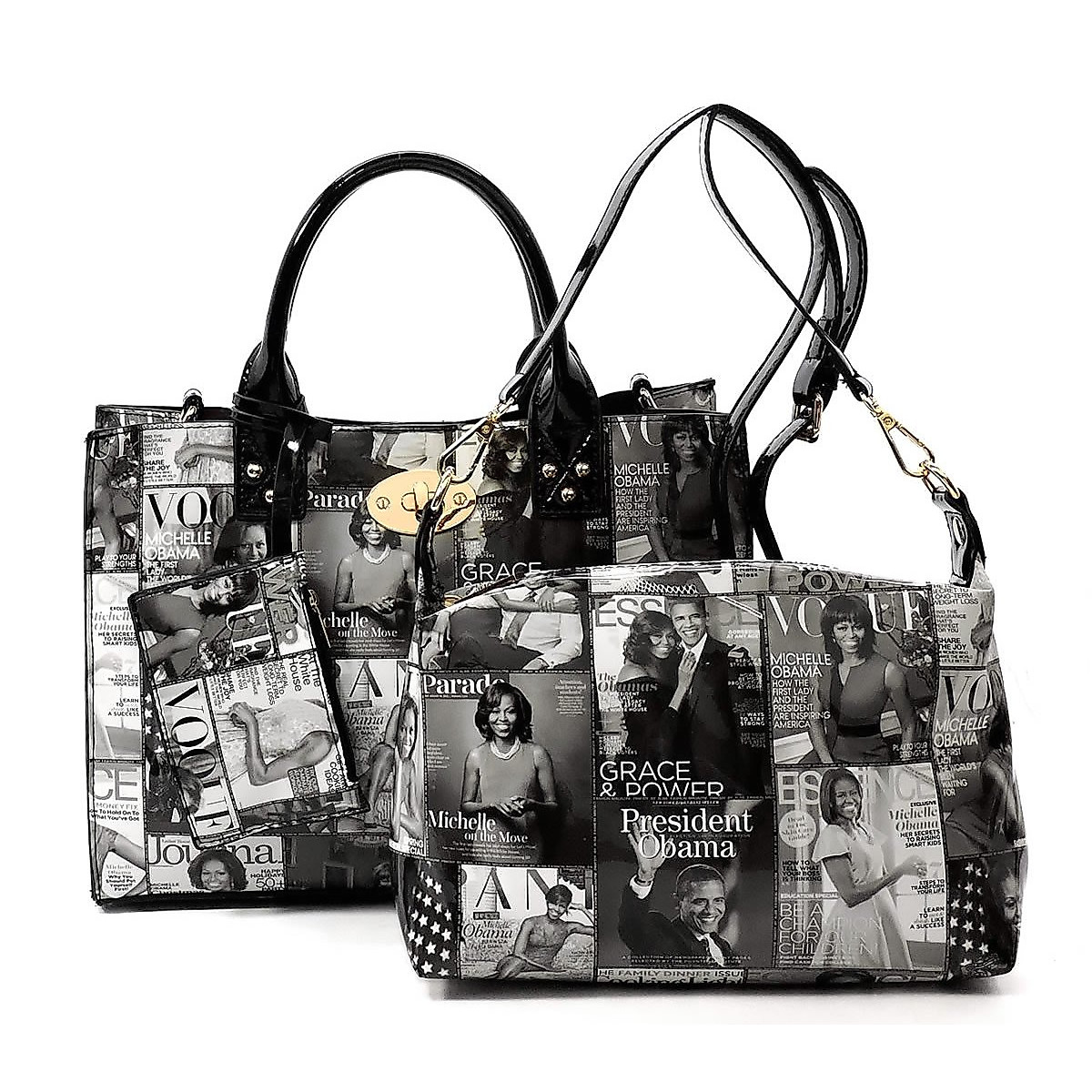 Glossy Magazine Cover Collage 3-in-1 Shoulder Bag Hobo Michelle Obama Handbag (3-Black/White)