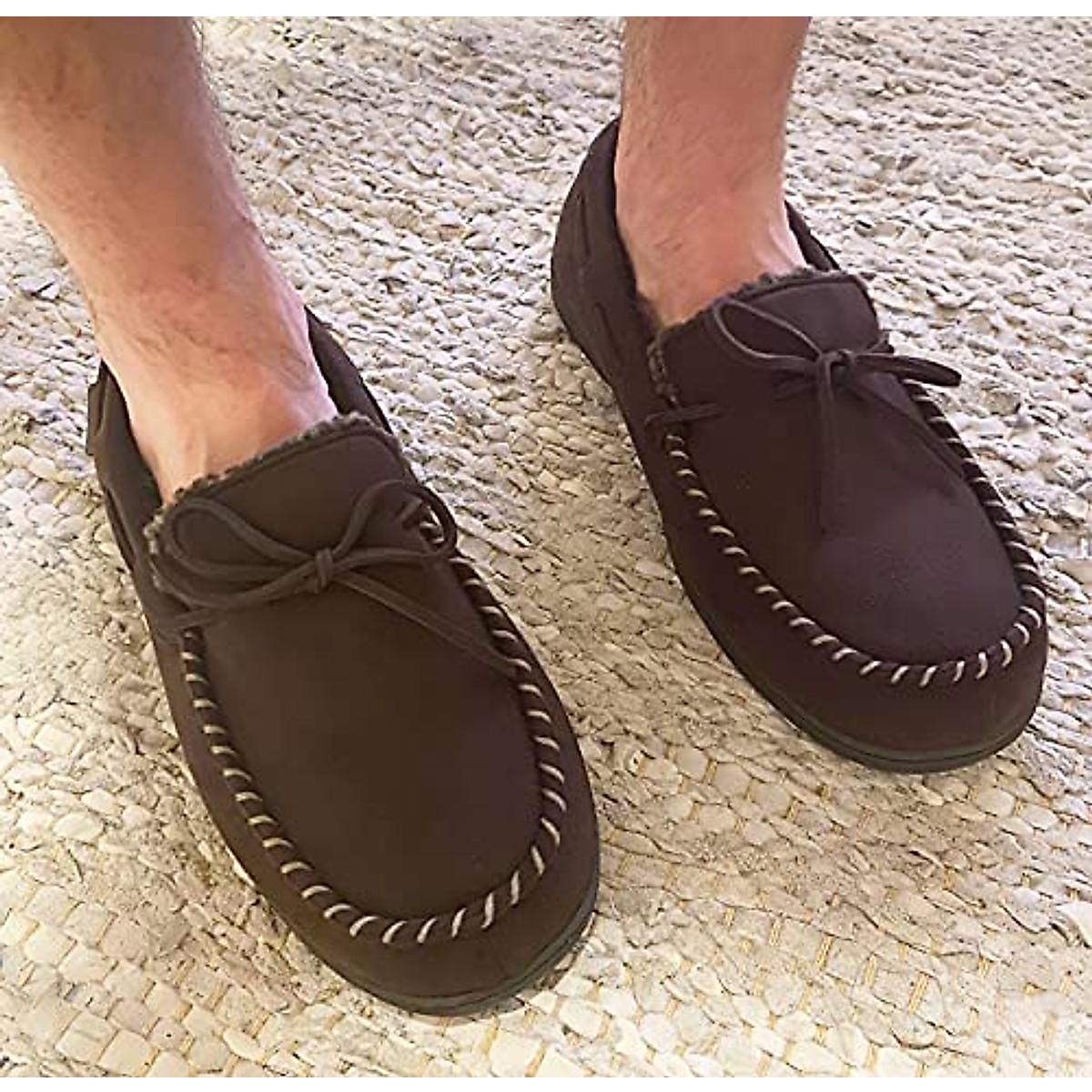 Dearfoams mens Toby Microsuede Moccasin With Tie Slipper, Coffee, Large US