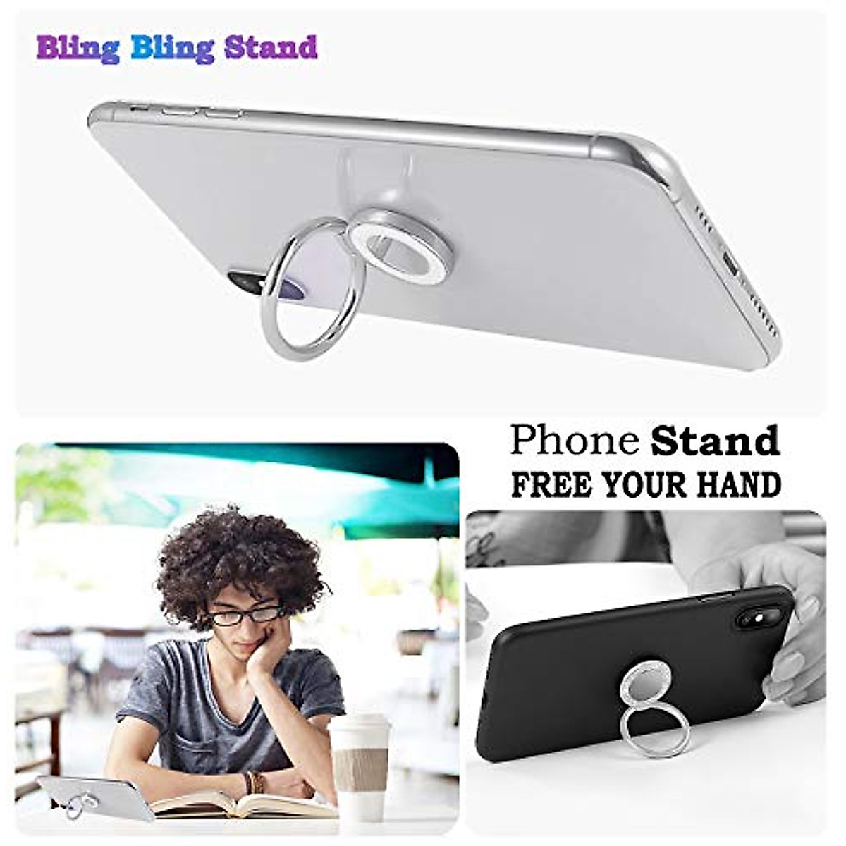 lenoup Glitter Bling Bling Phone Ring Holder,Sparkle Phone Ring Kickstand, Cell Phone Finger Ring Grip for Almost All Phones/Pad(Silver)