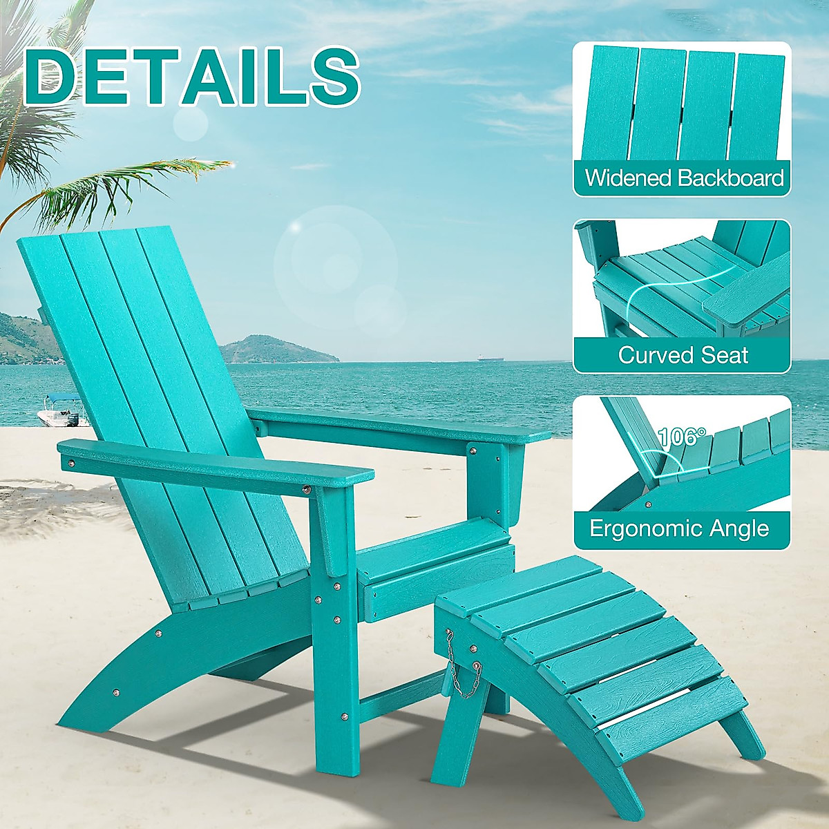 Adirondack Chair with Ottoman Weather Resistant Fire Pit Chairs with Footrest HDPE Outdoor Adirondack Chair for Patio Front Porch Pool Garden Deck Fire Pit Outside, Teal