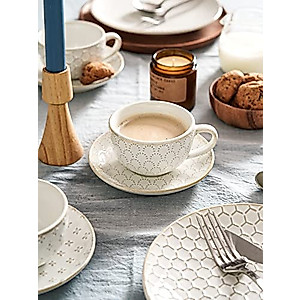 LE TAUCI 6 oz Cappuccino Cups with Saucers, House-warming Gift, Ceramic Embossment Coffee Cup for Au Lait, Double shot, Latte, Cafe Mocha, Tea - Set of 4, Arctic white