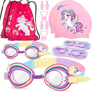 foci cozi 8PCS Unicorn Kids Swim Goggles Set,FOZI COZI Swim Goggles for Kids 6-14,Kids Goggles for Swimming 4-7(Includes Swim Cap,Nose Clip,Earplugs & Storage Bag) (FC-052023-001)